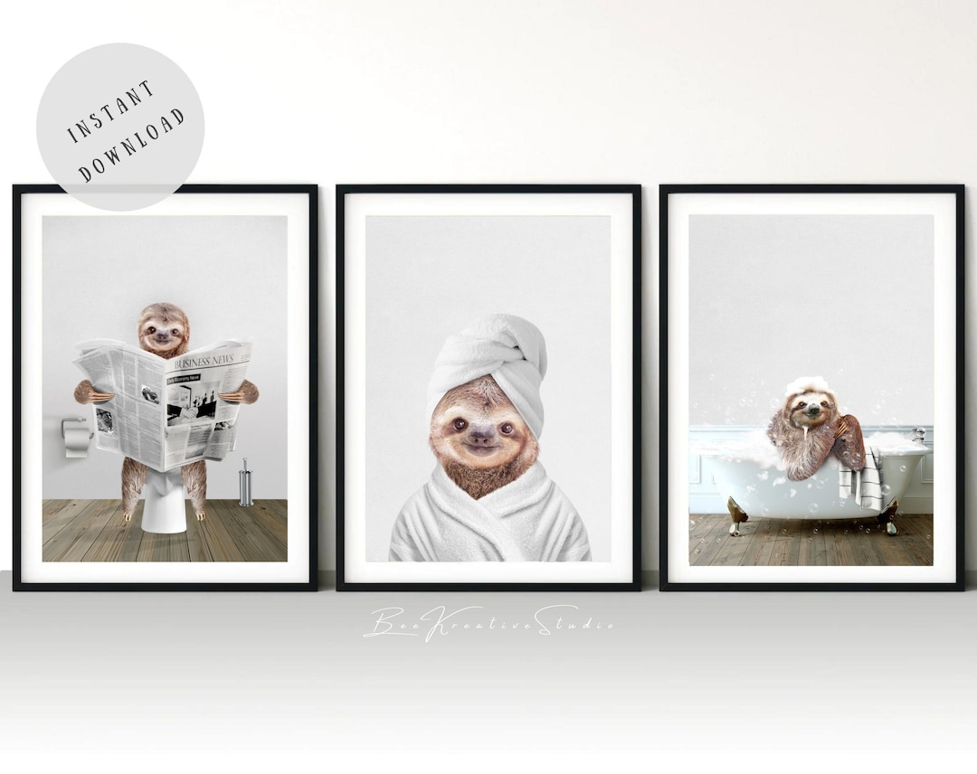 Sloth Bathroom Art Print Set of 3 Sloth Wall Art Funny Animal Bathroom ...