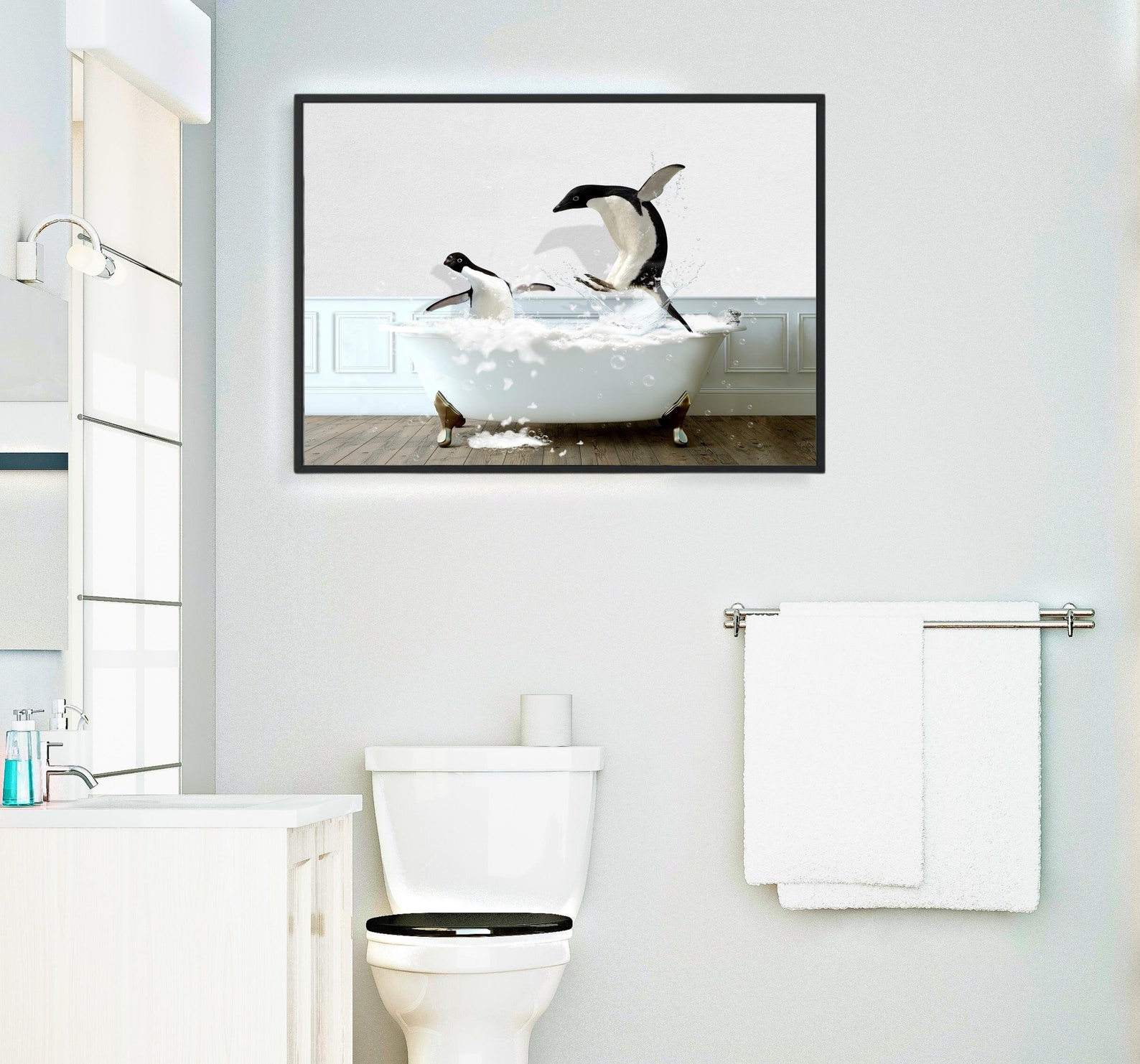 Penguin in Bathtub Art Print Bathroom Penguin in Bath Tub Wall Art ...