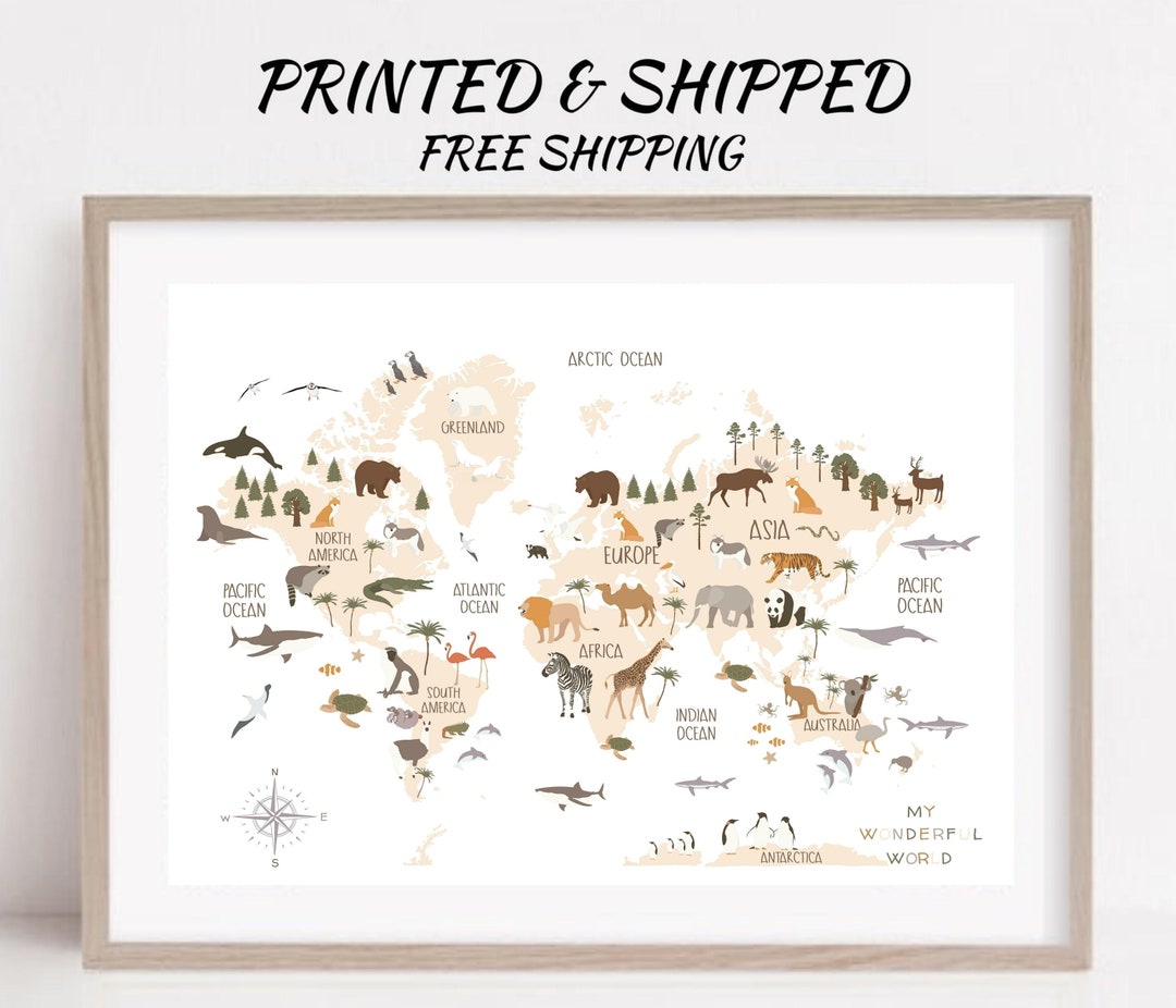 Kid Animal World Map Poster Nursery Animal World Map Print Kid Animal ...