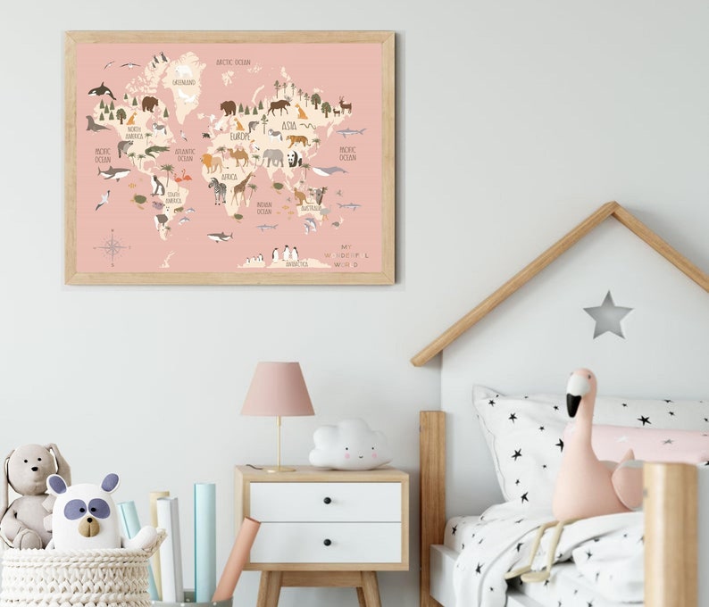 Kids World Map Art Print Kids Educational Poster Nursery Map of the ...