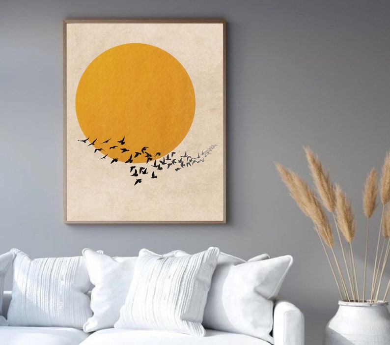 Flock of Birds Sun Silhouette Print Mid Century Modern Yellow Sun Bird ...