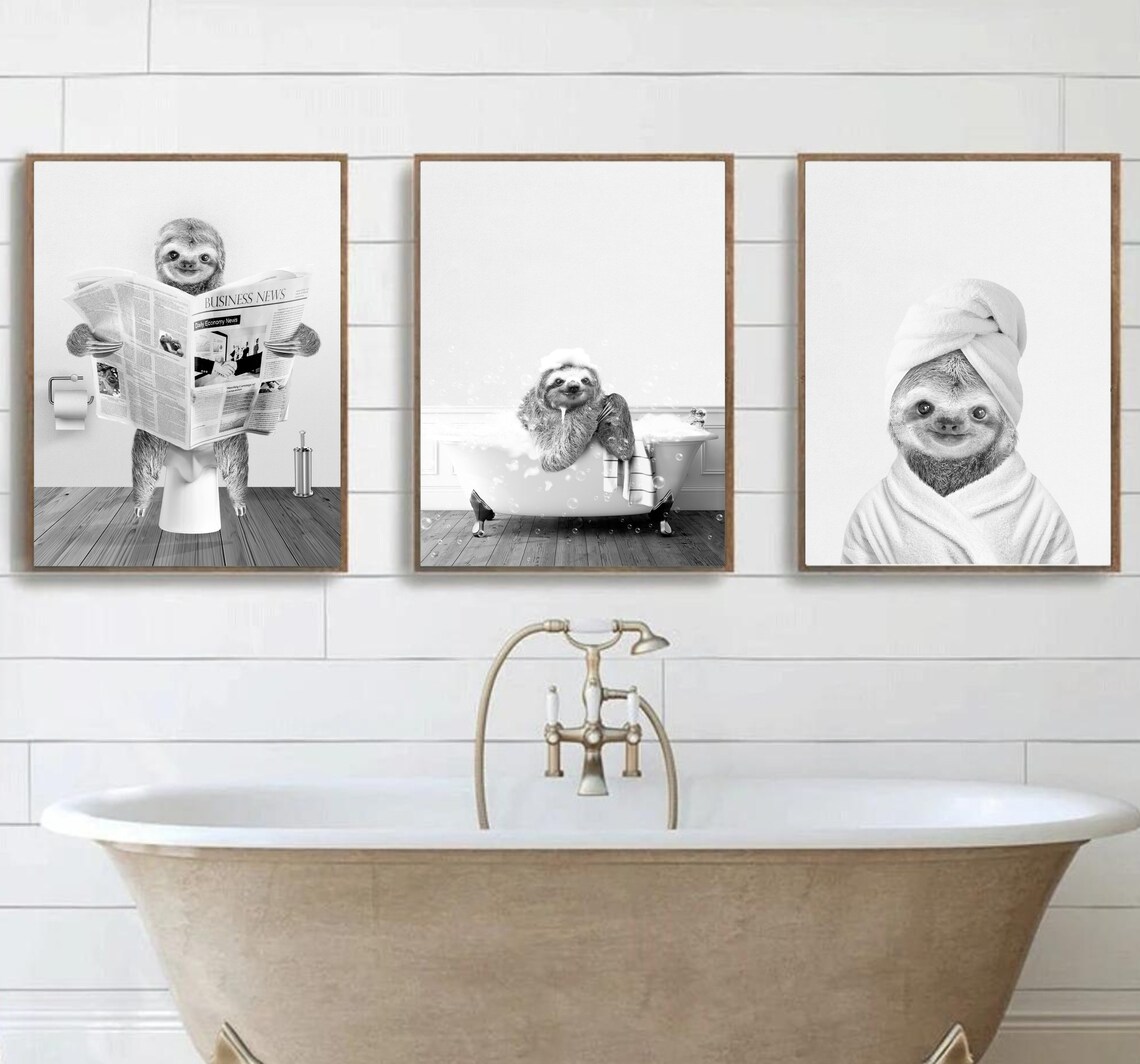 Sloth Bathroom Art Print Set of 3 Sloth on Toilet Wall Art Bathroom ...