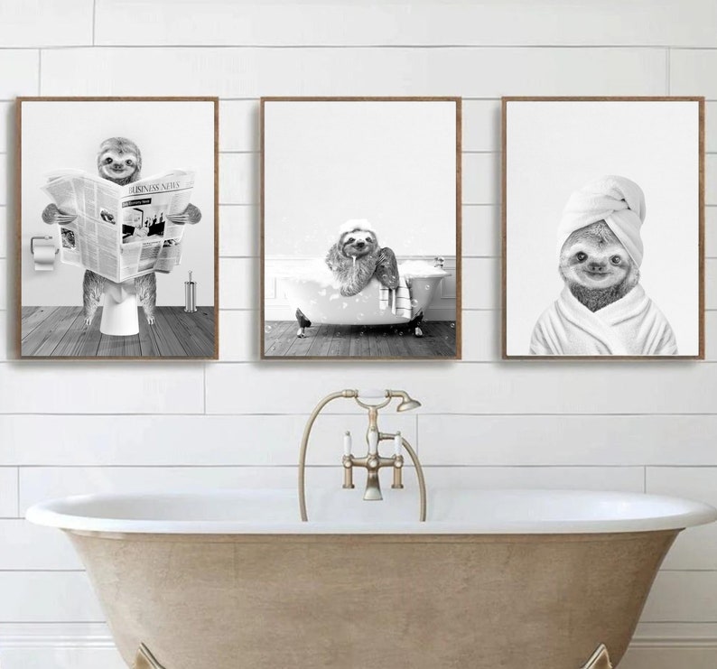 Sloth Bathroom Art Print Set of 3 Sloth on Toilet Wall Art Bathroom ...