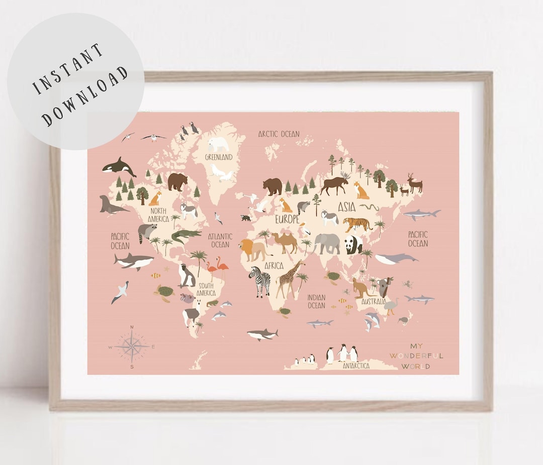 Kid Animal World Map Print Educational Poster Animal Nursery World Map ...