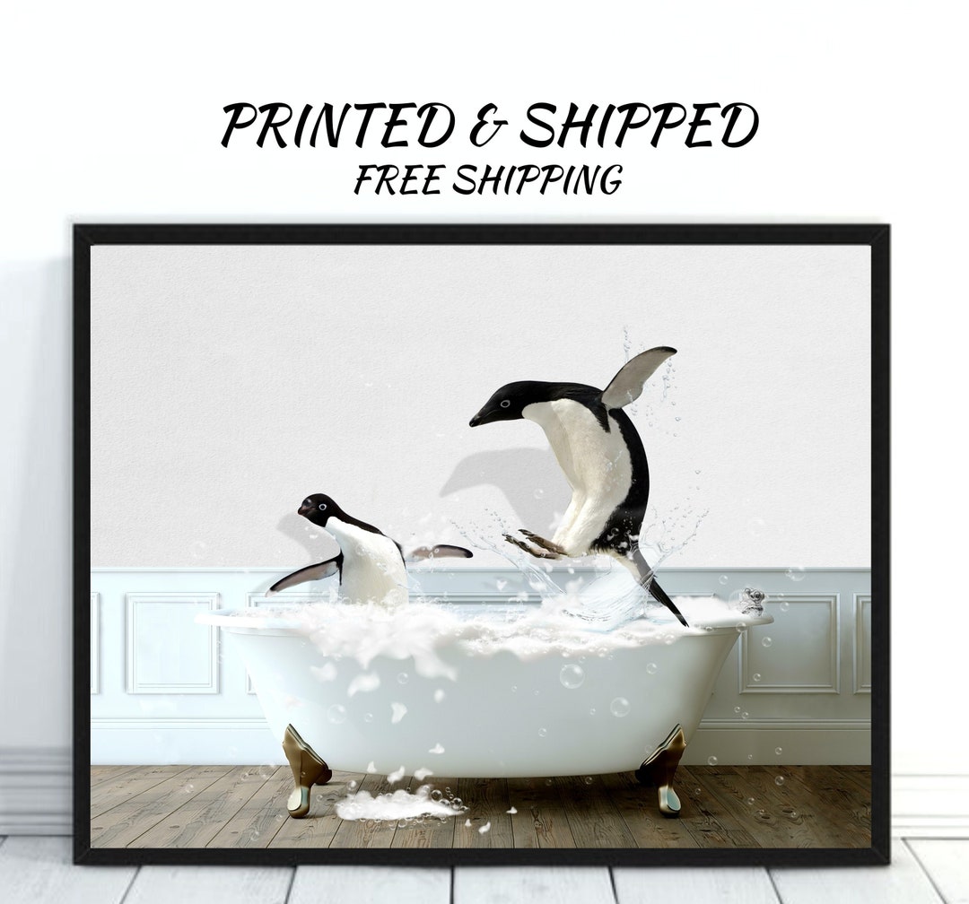 Penguin in Bathtub Print Funny Penguin Bathroom Decor Kid Penguin Wall ...