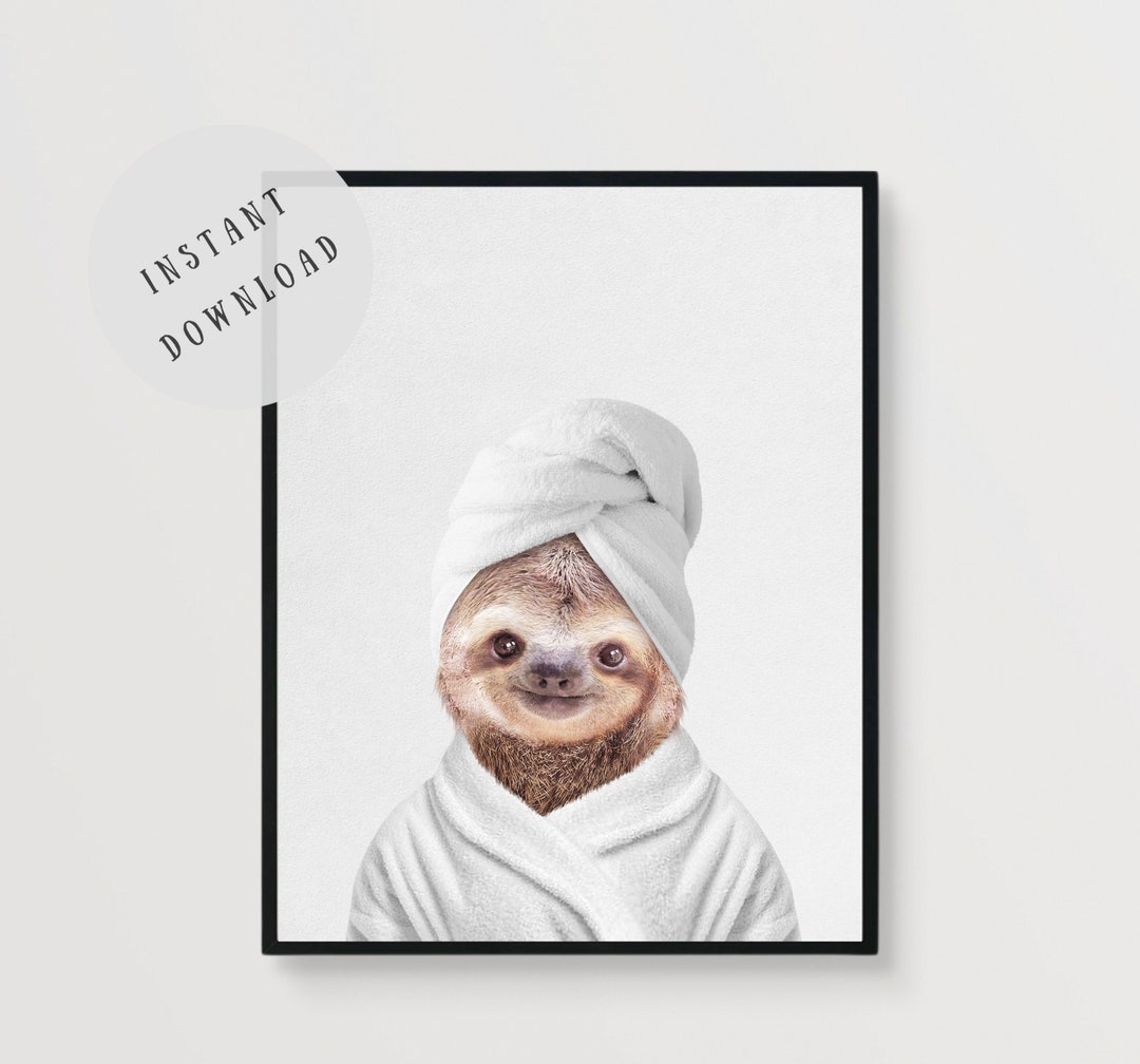 Sloth Bathroom Print Sloth Towel on Head Sloth Spa Bath Bathrobe Sloth ...