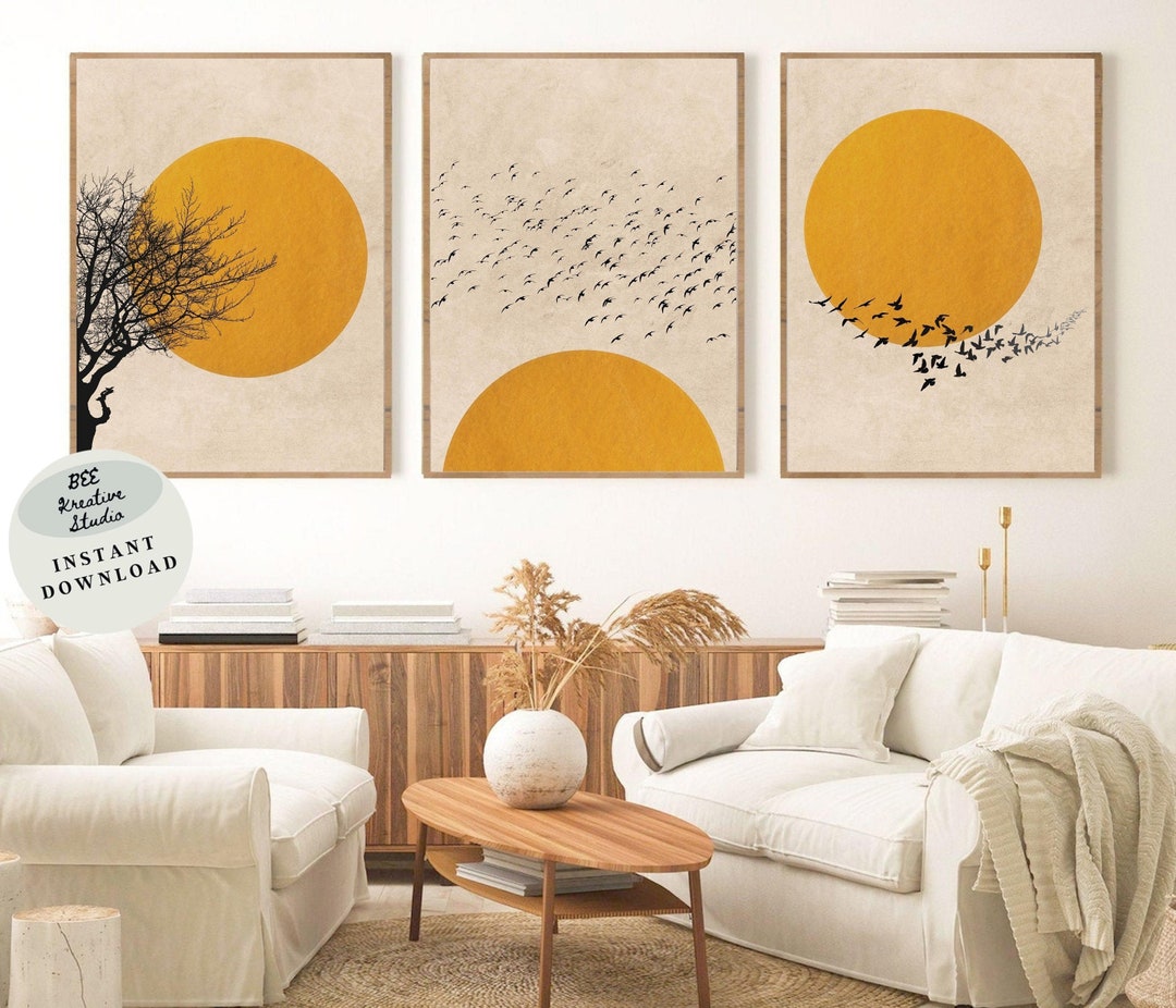 Flock of Birds Sun Tree Silhouette Set of 3 Abstract Yellow Sun ...