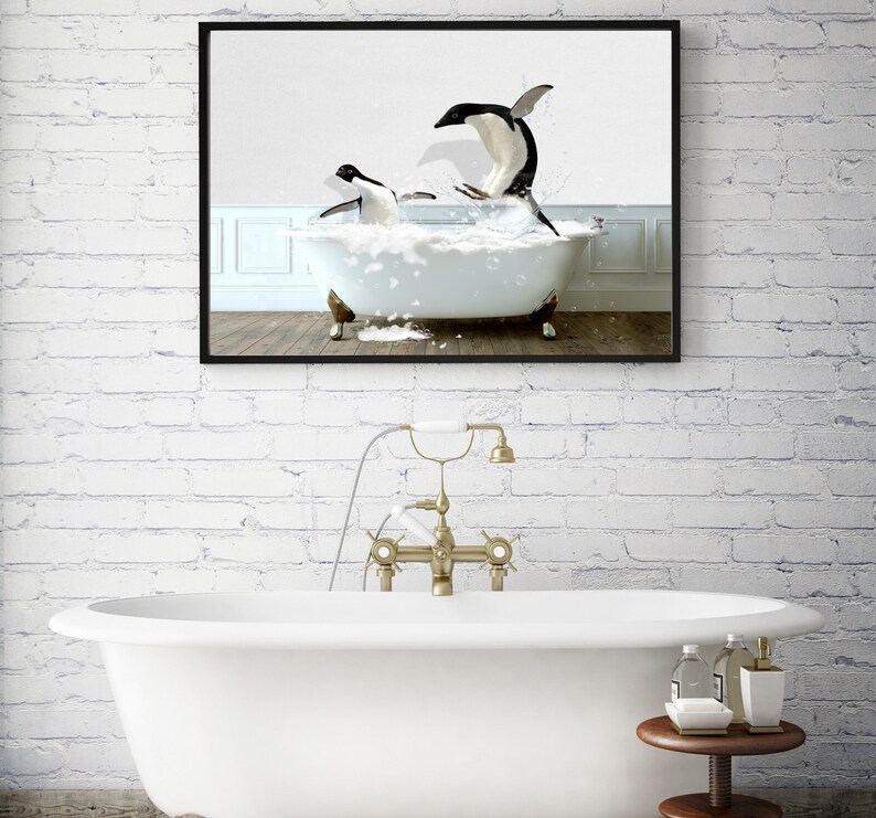Penguin in Bathtub Art Print Bathroom Penguin in Bath Tub Wall Art ...