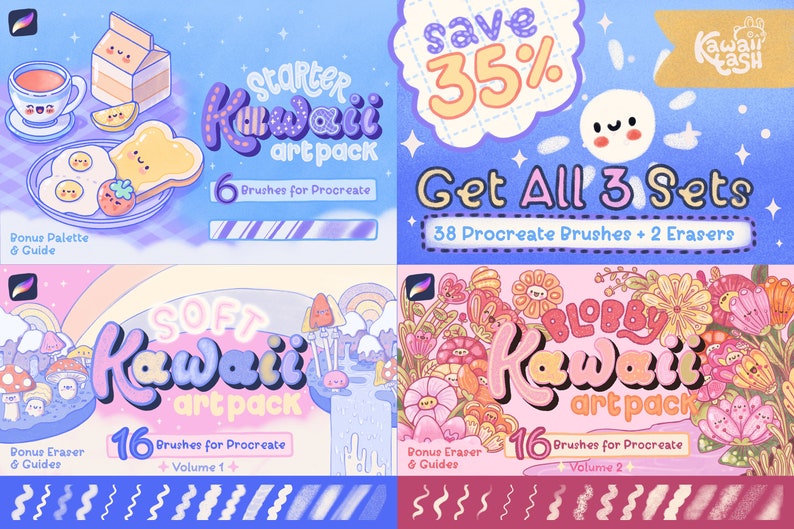 3 Kawaii Art Pack Bundle: 40 Illustration Brushes for Procreate ...
