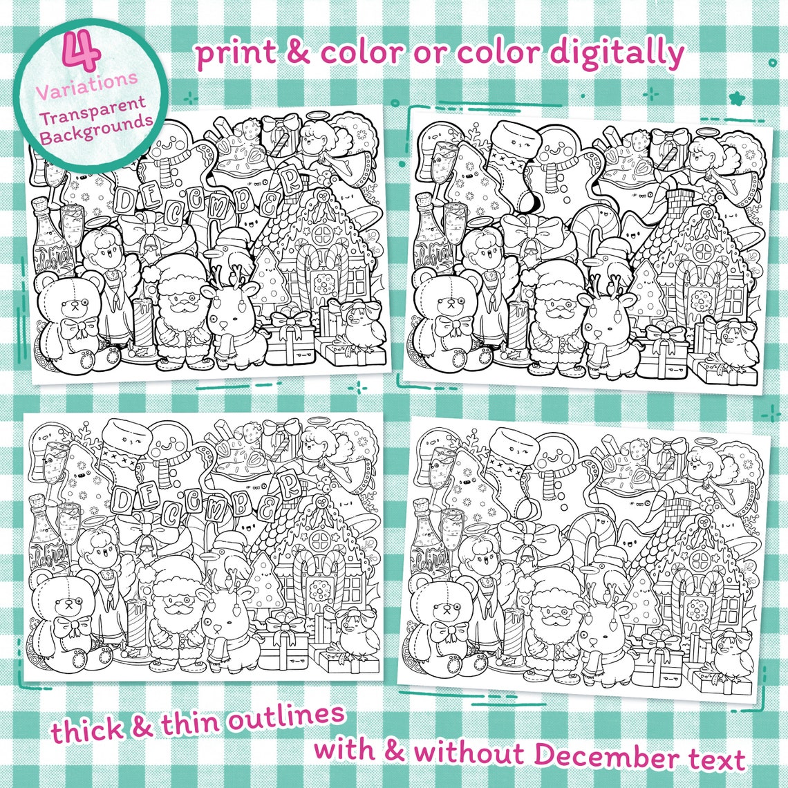Cute Kawaii December Digital Coloring Pages for Kids and Adults Holiday ...