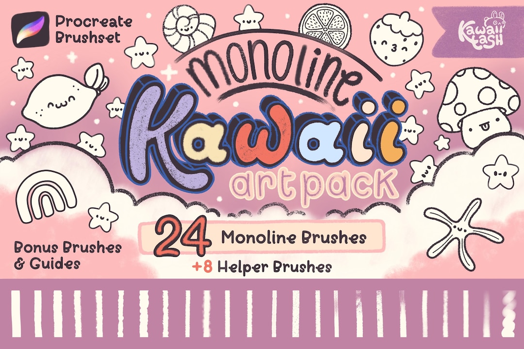 Monoline Kawaii Art Pack: 32 Illustration Brushes for Procreate ...