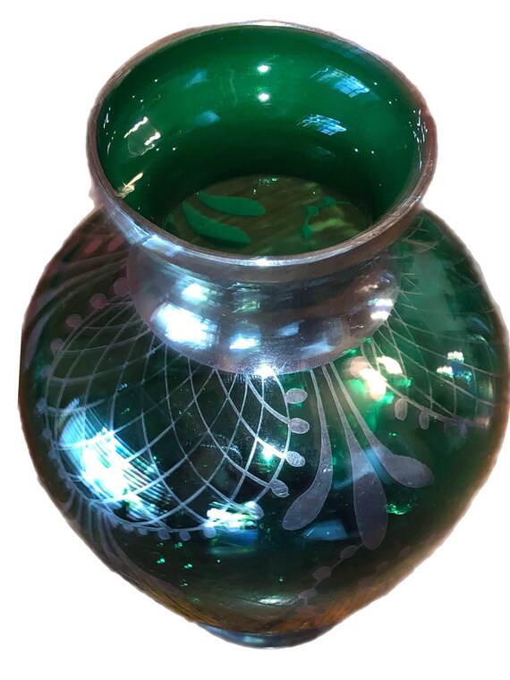 Emerald Green Glass Vase W/ Silver Overlay - Etsy
