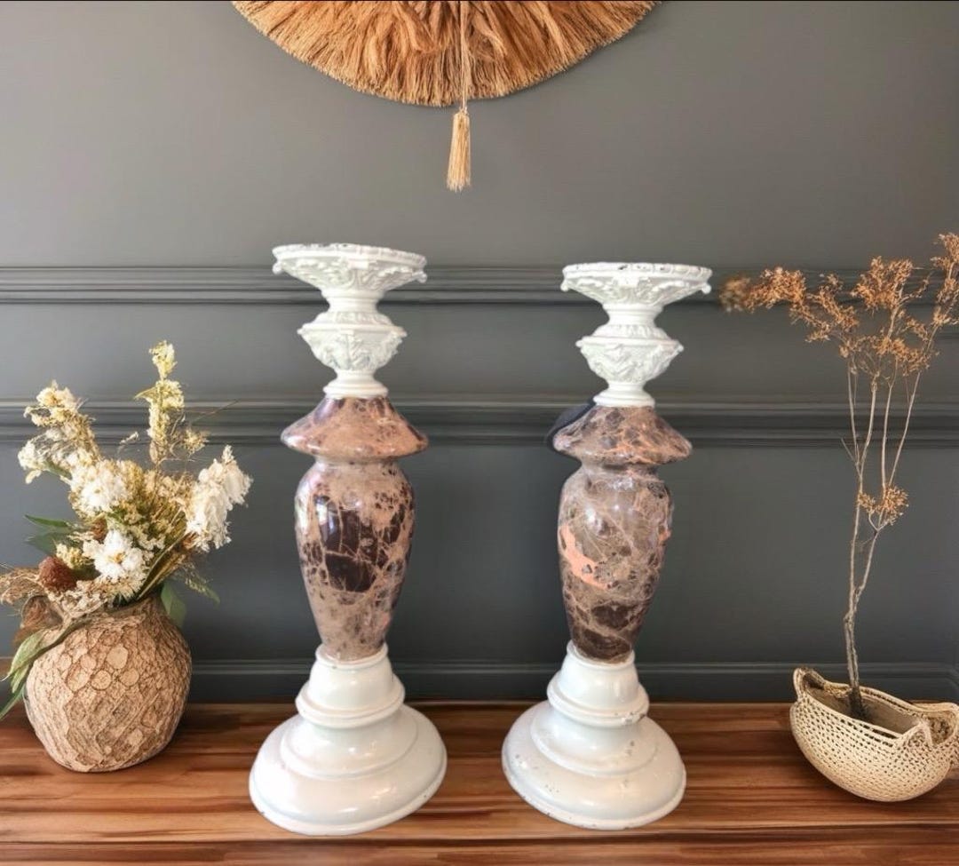 Vintage Stone (marble?) & Cast Iron Candlesticks - 11” Tall - Etsy