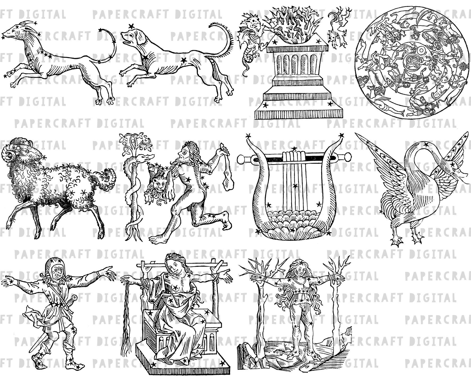 Vintage ,zodiac Motifs, Old ,astrological Signs ,digital ,transparent ...