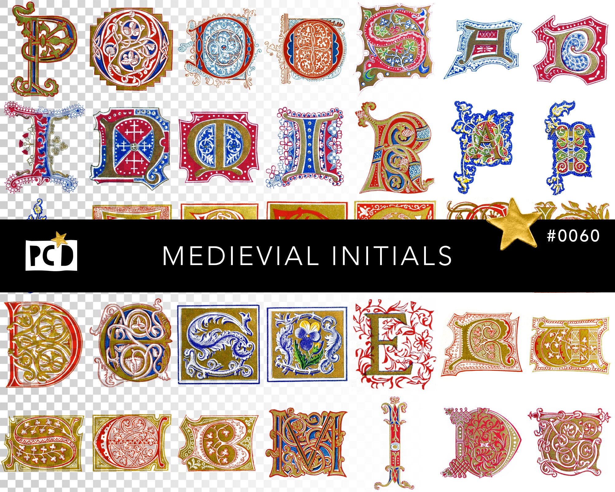 Anciennes initiales médiévales illuminées | Alphabet médiéval | Police décorative | Pack PNG ...