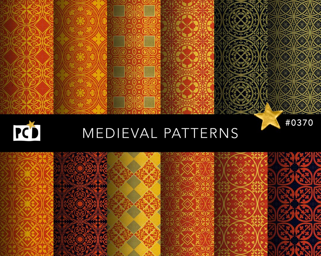 17 Medieval Gothic Tile Seamless Patterns | Historical Gold Red Digital ...