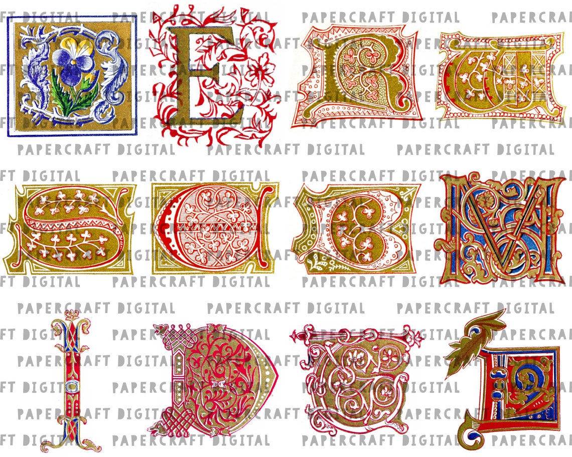 Old Medieval Illuminated Initials | Medieval Alphabet | Decorative Font ...