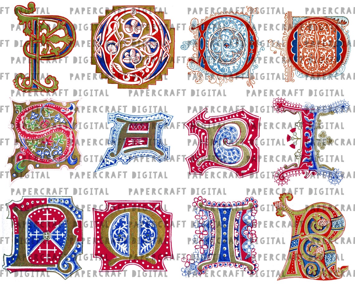37 Illuminated Manuscript Initials PNG | Medieval Drop Cap Alphabet ...
