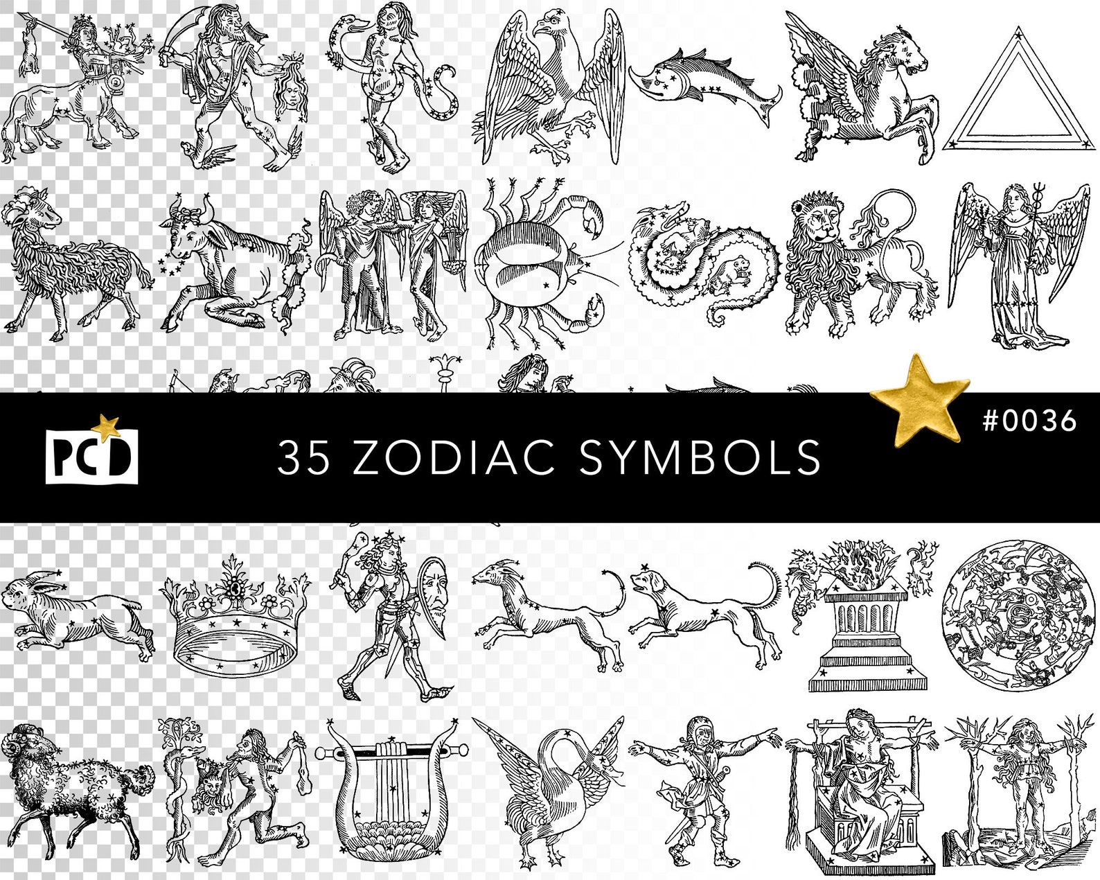 Vintage ,zodiac Motifs, Old ,astrological Signs ,digital ,transparent ...