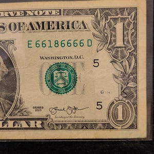 2013 One Dollar Bill Rare Six of Kind Serial Number With Bookends ...