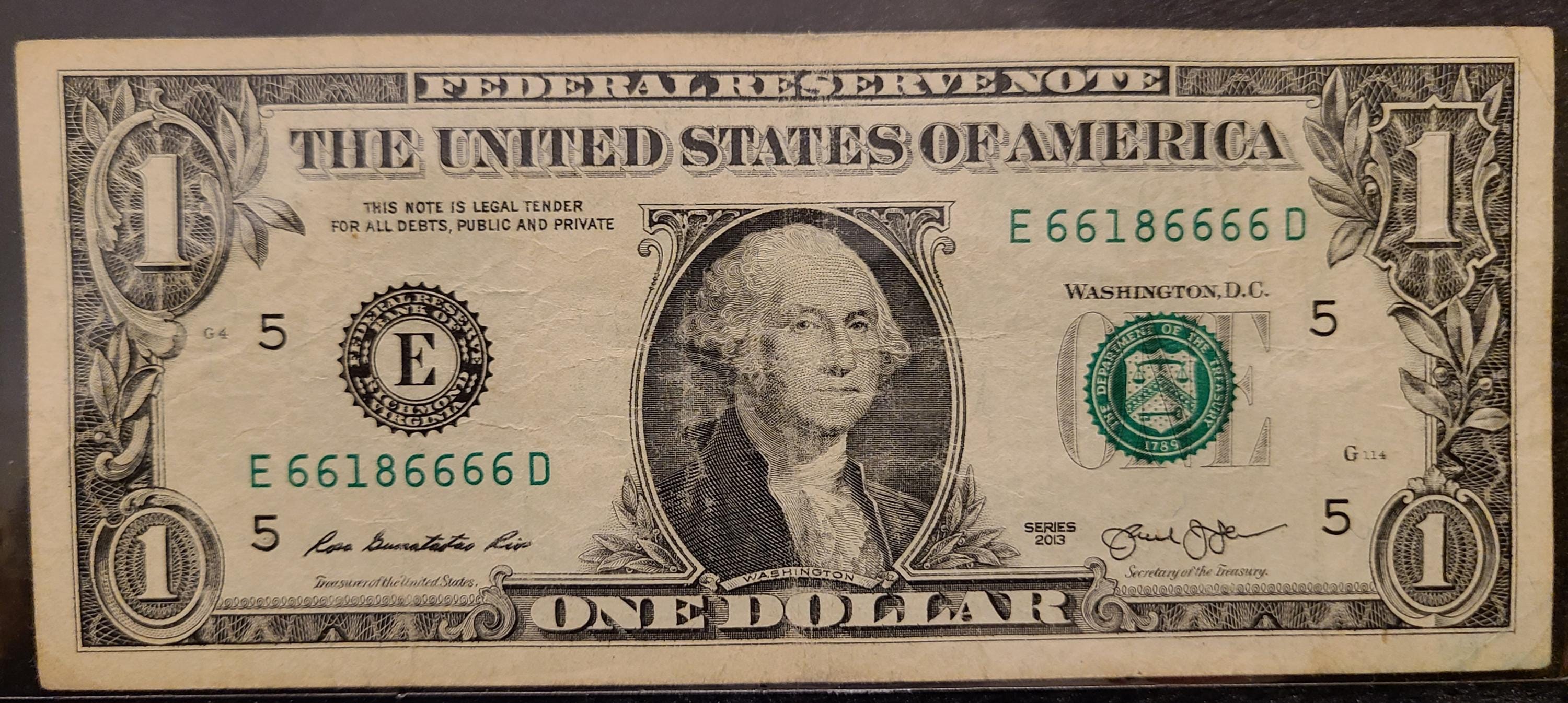 2013 One Dollar Bill Rare Six of Kind Trinary Serial Number With ...