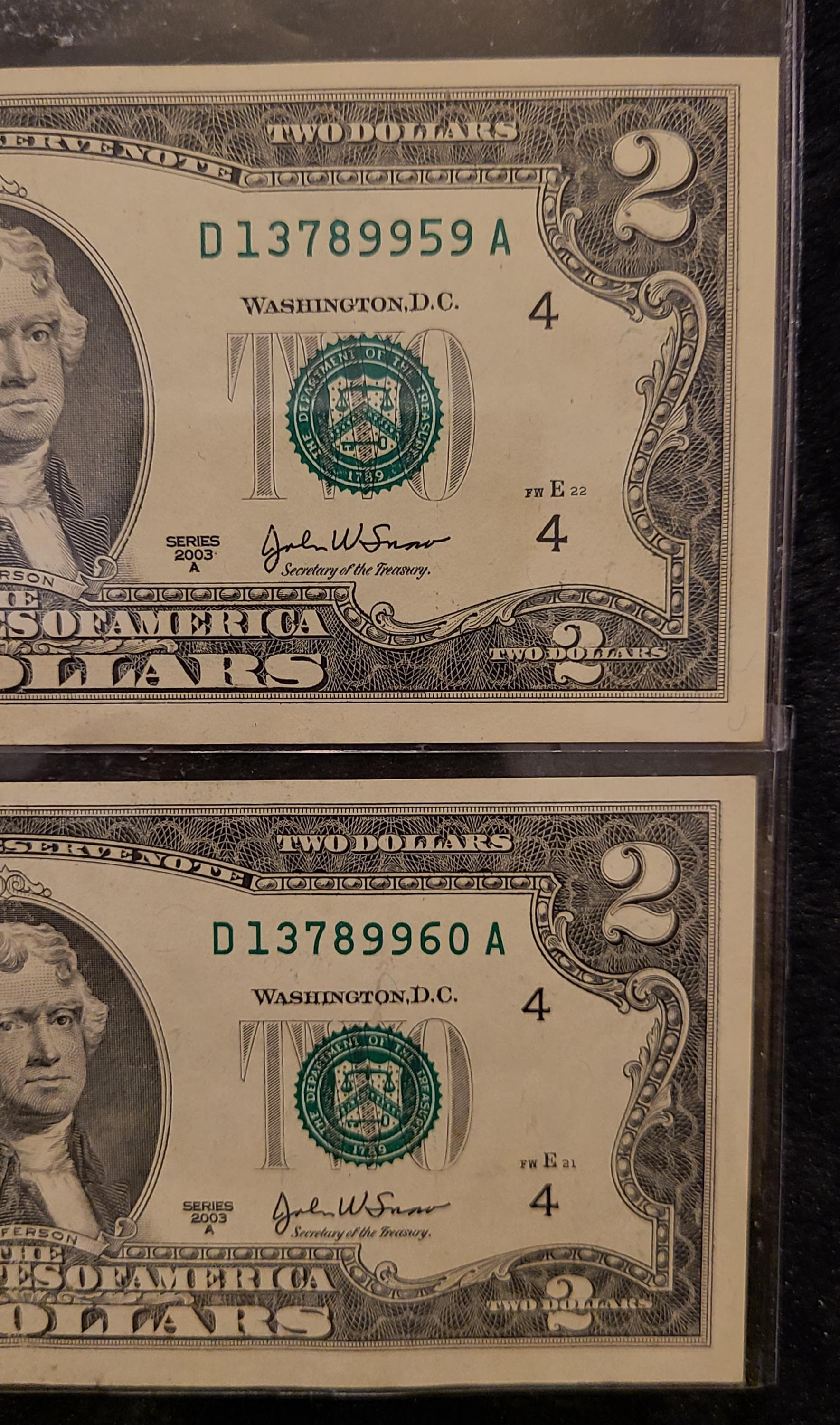 2003 A 2 Dollar Bill Rare Consecutive Bills Ladder Run Fancy Serial ...