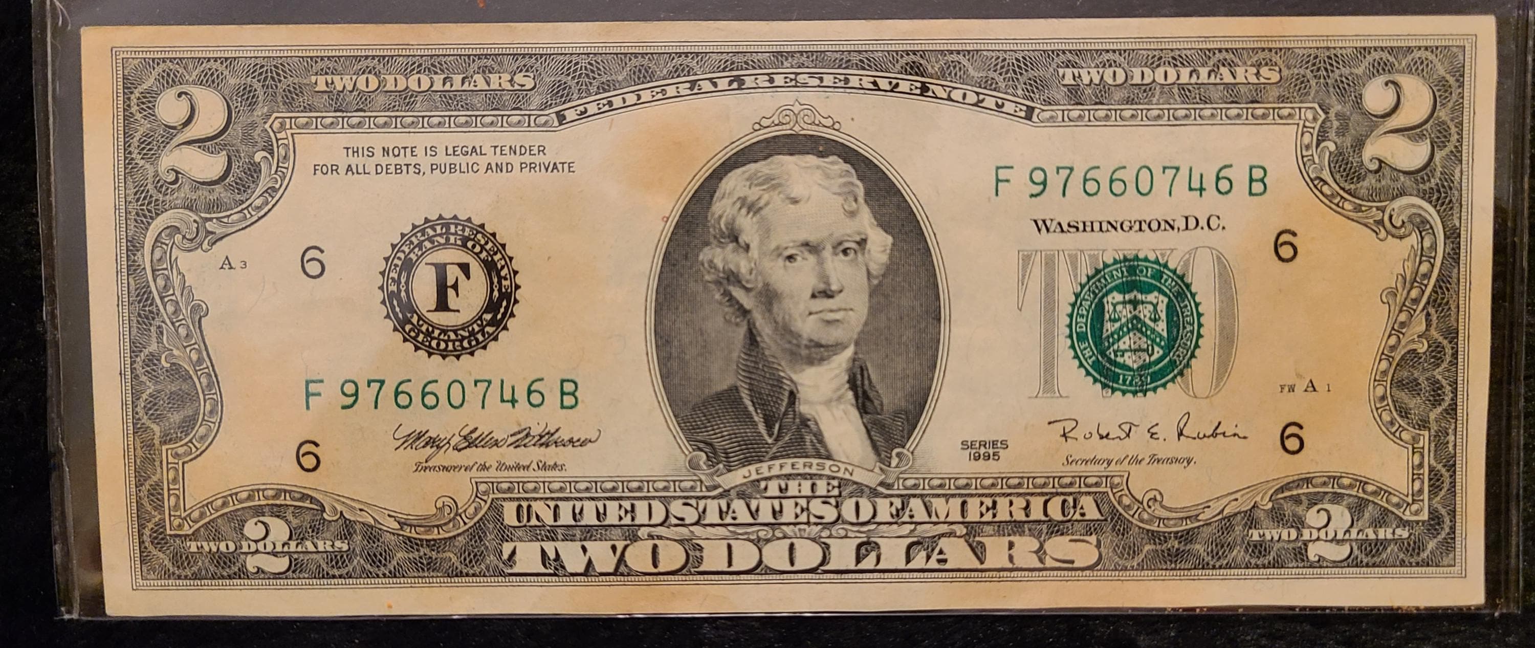 1995 2 Dollar Bill Rare High Seriel Number F97660746B Fancy Serial ...