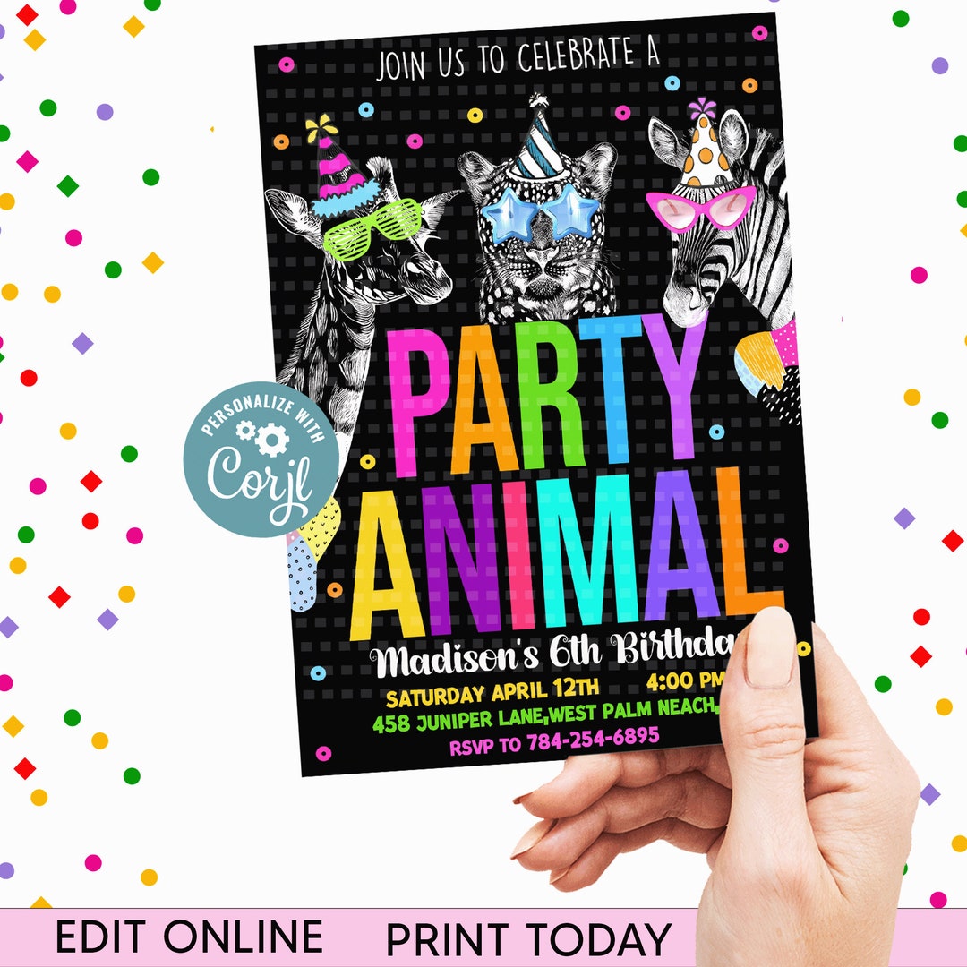Editable Party Animal Invitation, Fun Animal Party Invitation, Digital ...