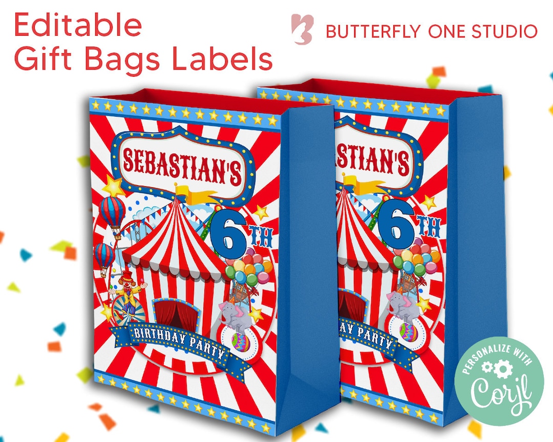 Kids Editable Circus Gift Bag Labels, Birthday Gift Bag Template ...