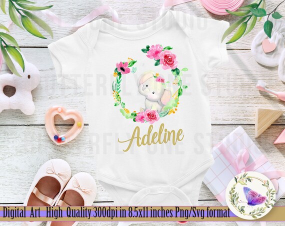 Png Floral Baby Girl Elephant Name Digital Download Png - Etsy