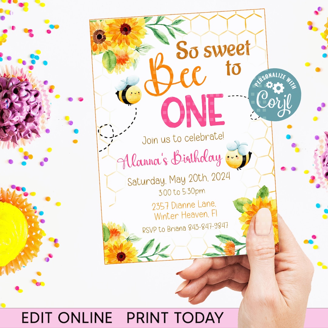 Editable Bee One Birthday Girl Invitation, Bee Birthday Theme Party ...