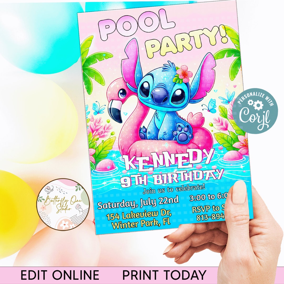 Editable Pool Party Stitch Girl Invitation, Pool Party Invitation ...