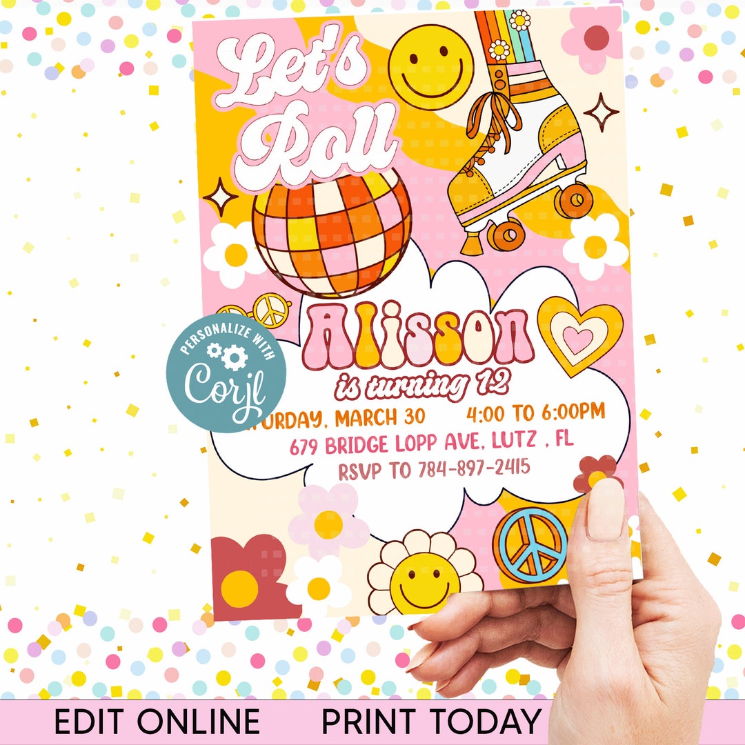 EDITABLE Groovy Roller Skate Invitation, Groovy Editable Invites ...