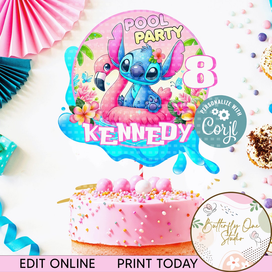 EDITABLE Stitch Pool Birthday Cake Topper, Pool Party Stitch Birthday ...