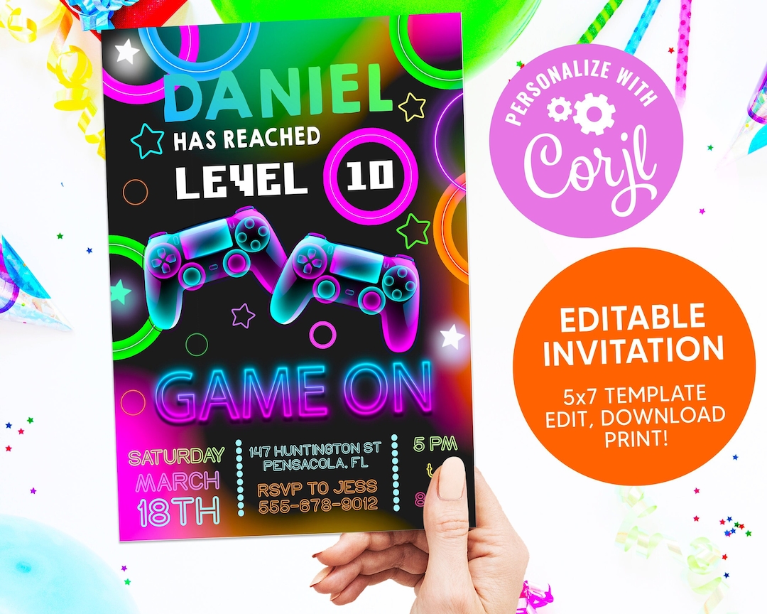 Editable Video Game Birthday Invitation, Gaming Invitation Cards, Gamer ...