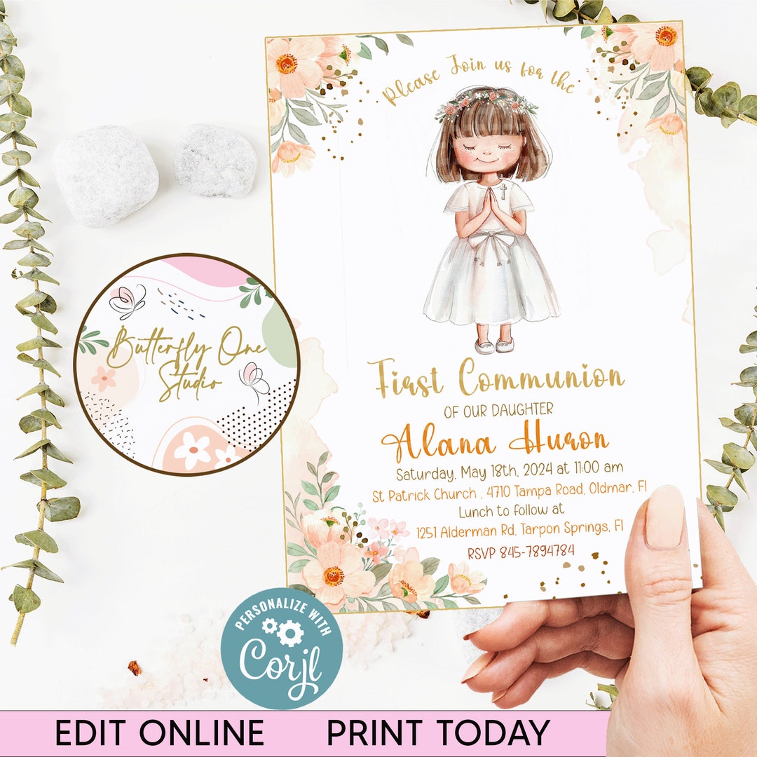 Editable First Communion Girl Invitation, First Communion Theme, Girl ...