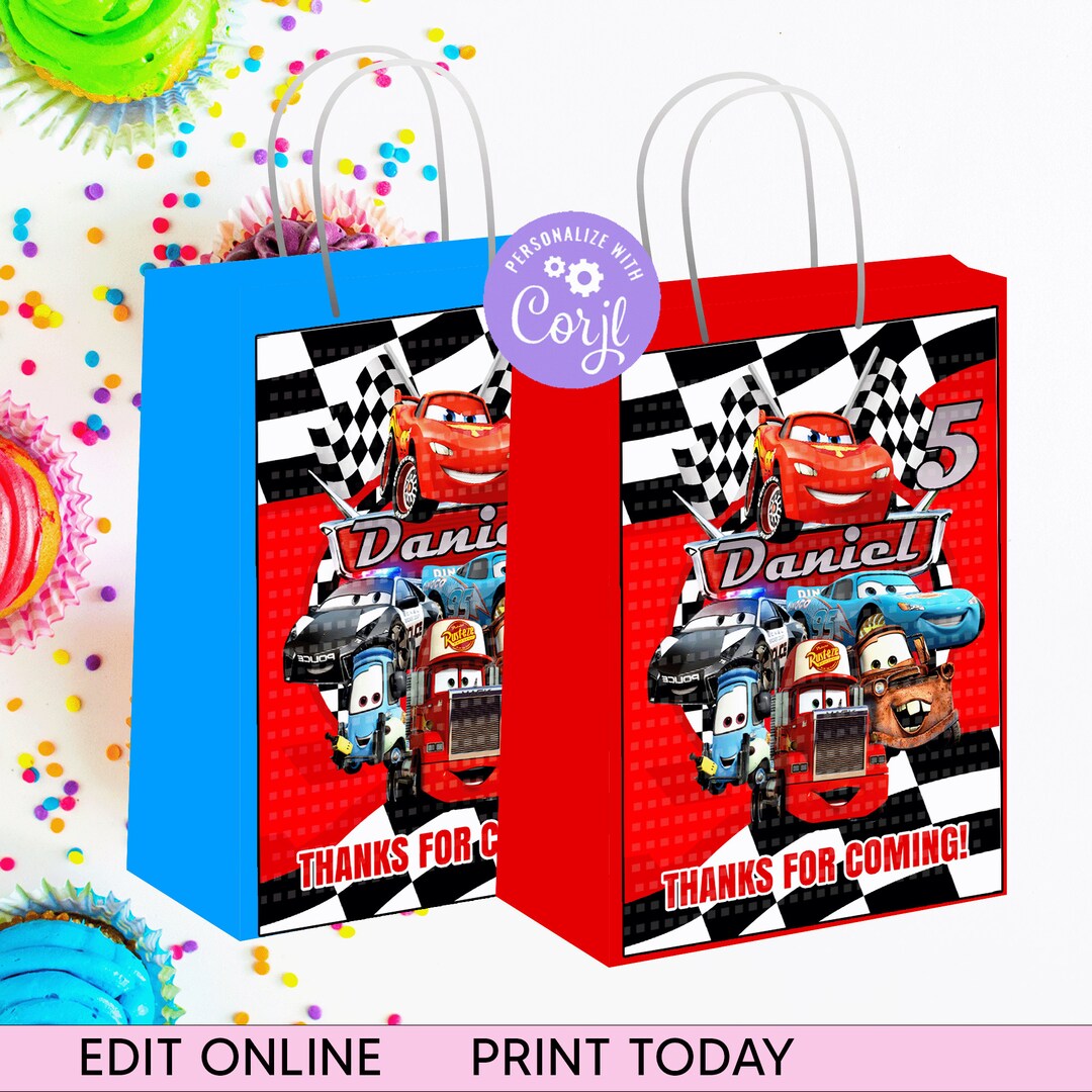Editable Cars Party Theme Gift Bag Labels, Cars Birthday Gift Bag Label ...