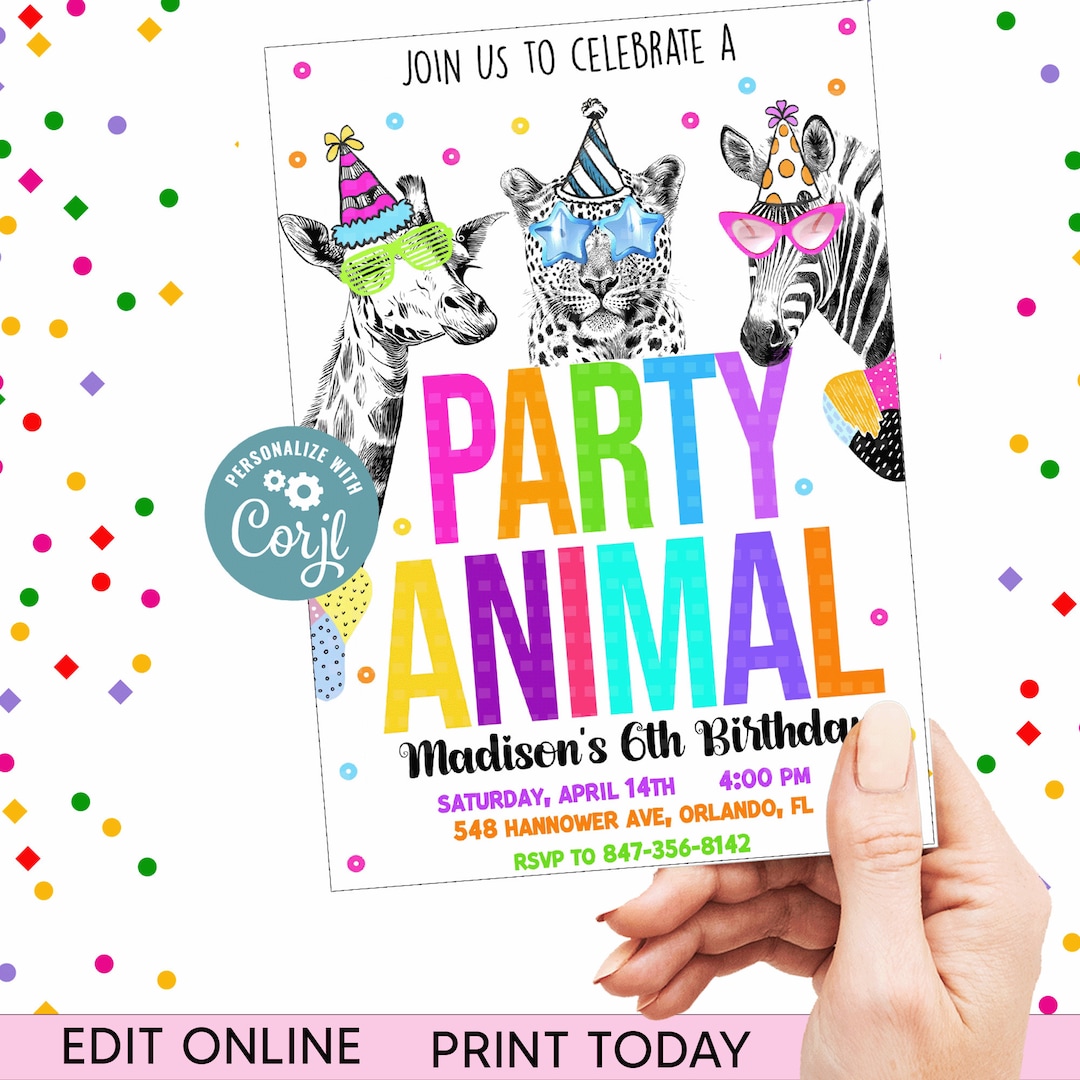 Editable Party Animal Invitation, Fun Animal Party Invitation, Digital ...