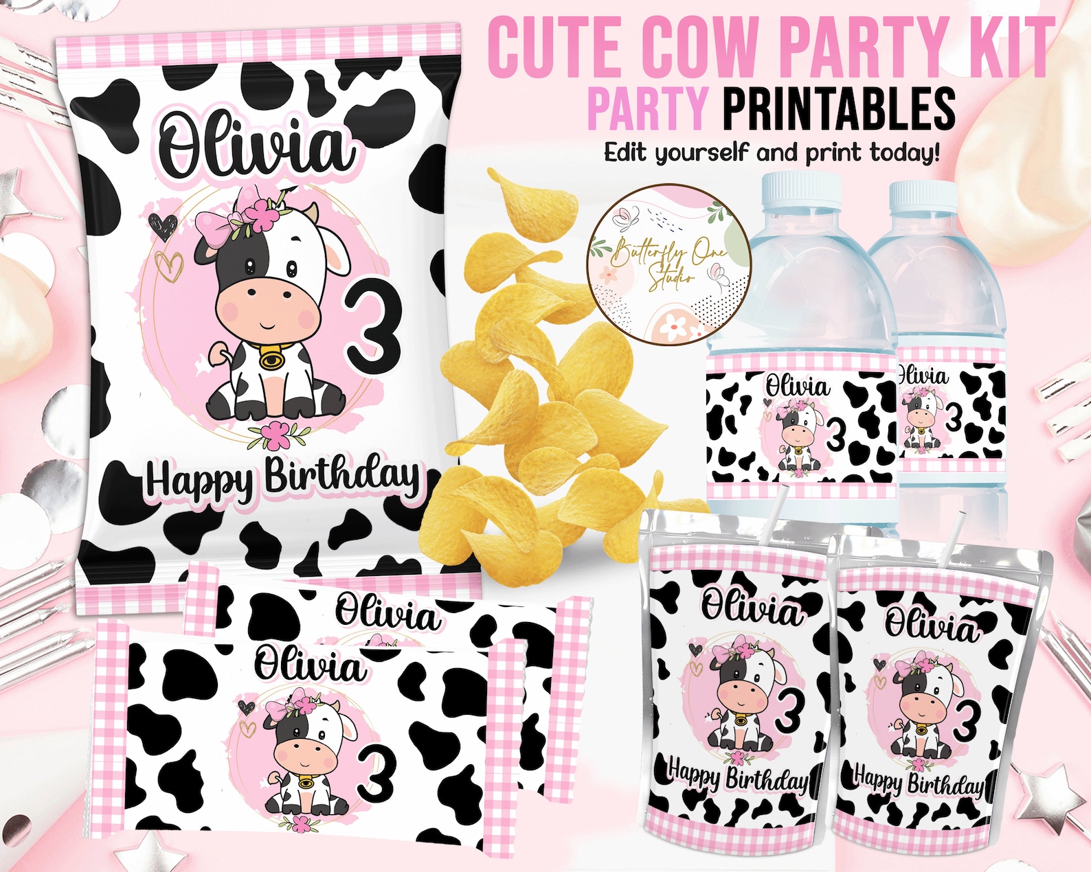 EDITABLE Cute Cow Party Template, Cow Girl Party Birthday Theme Kit ...