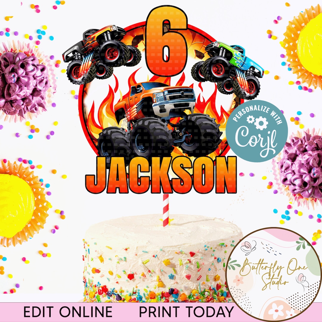 EDITABLE Monster Truck Cake Topper, Monster Truck Birthday Party Cake ...