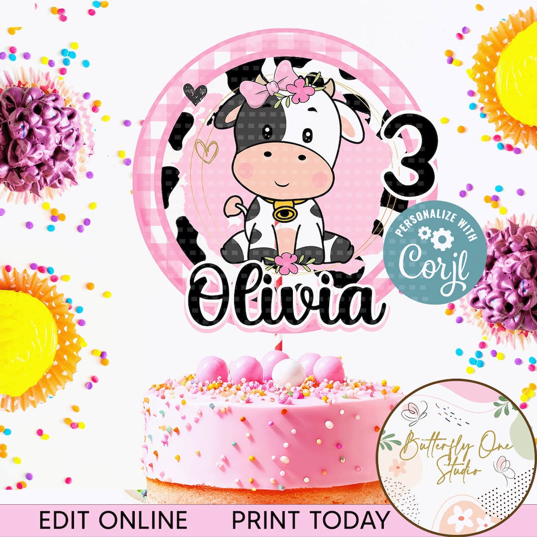 EDITABLE Cute Cow Cake Topper, Cow Theme Printable Birthday Party ...