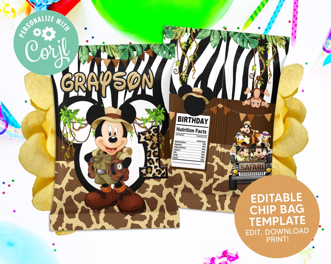 EDITABLE Chip Bags Mickey Safari, Birthday Party Chip Bags, Mickey ...