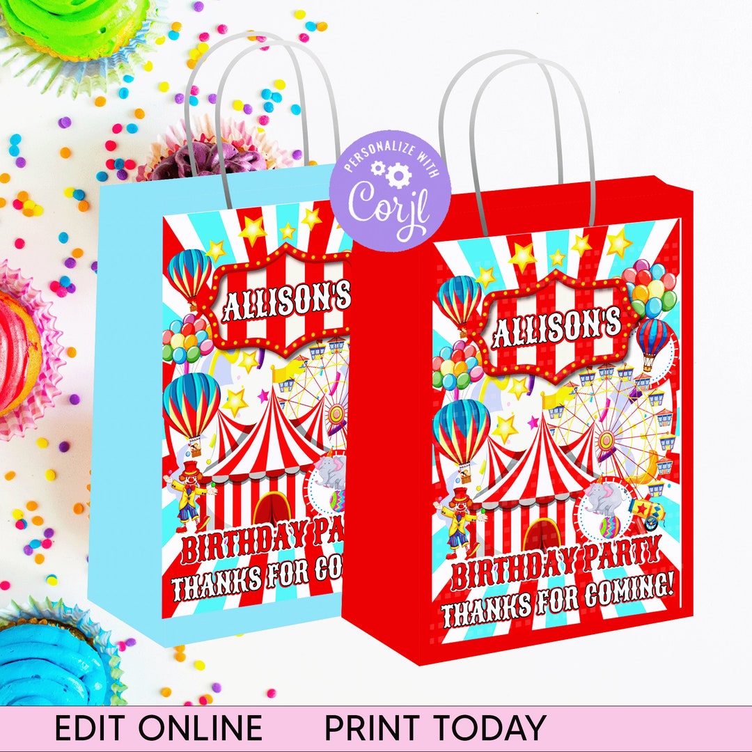 Kids Editable Circus Gift Bag Labels, Birthday Gift Bag Template ...
