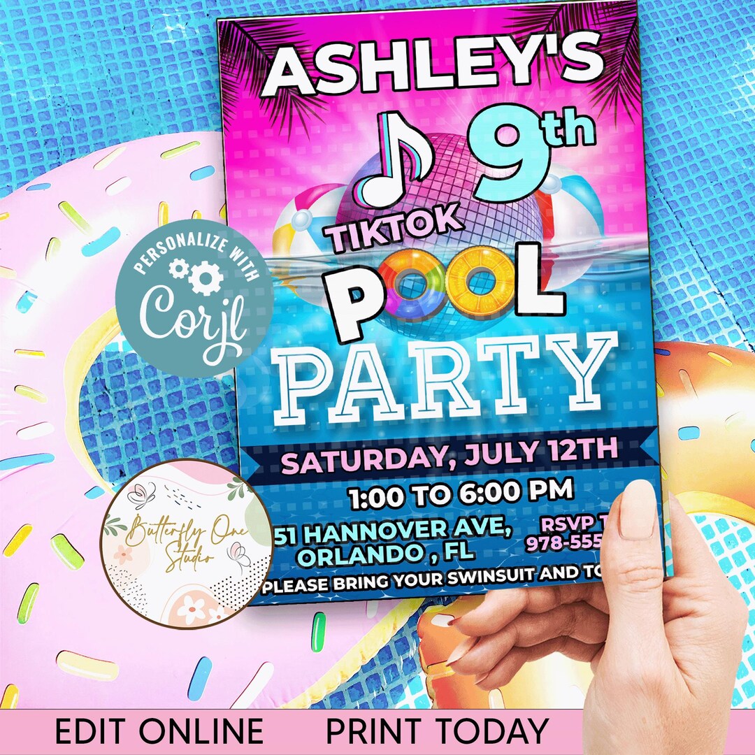 Editable , Musical Pool Party Birthday Invitation, Pool Musical ...