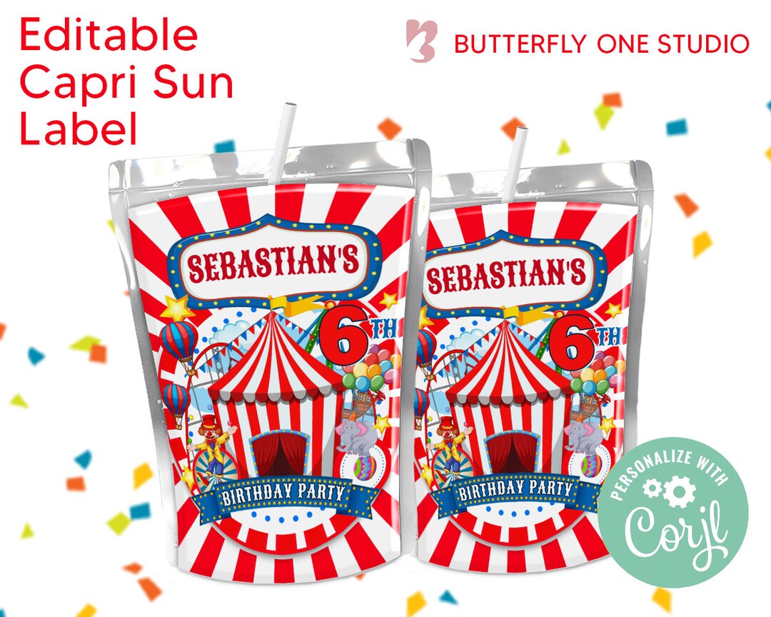 EDITABLE Carnival Circus Capri Suns Labels, Birthday Party Capri Sun ...