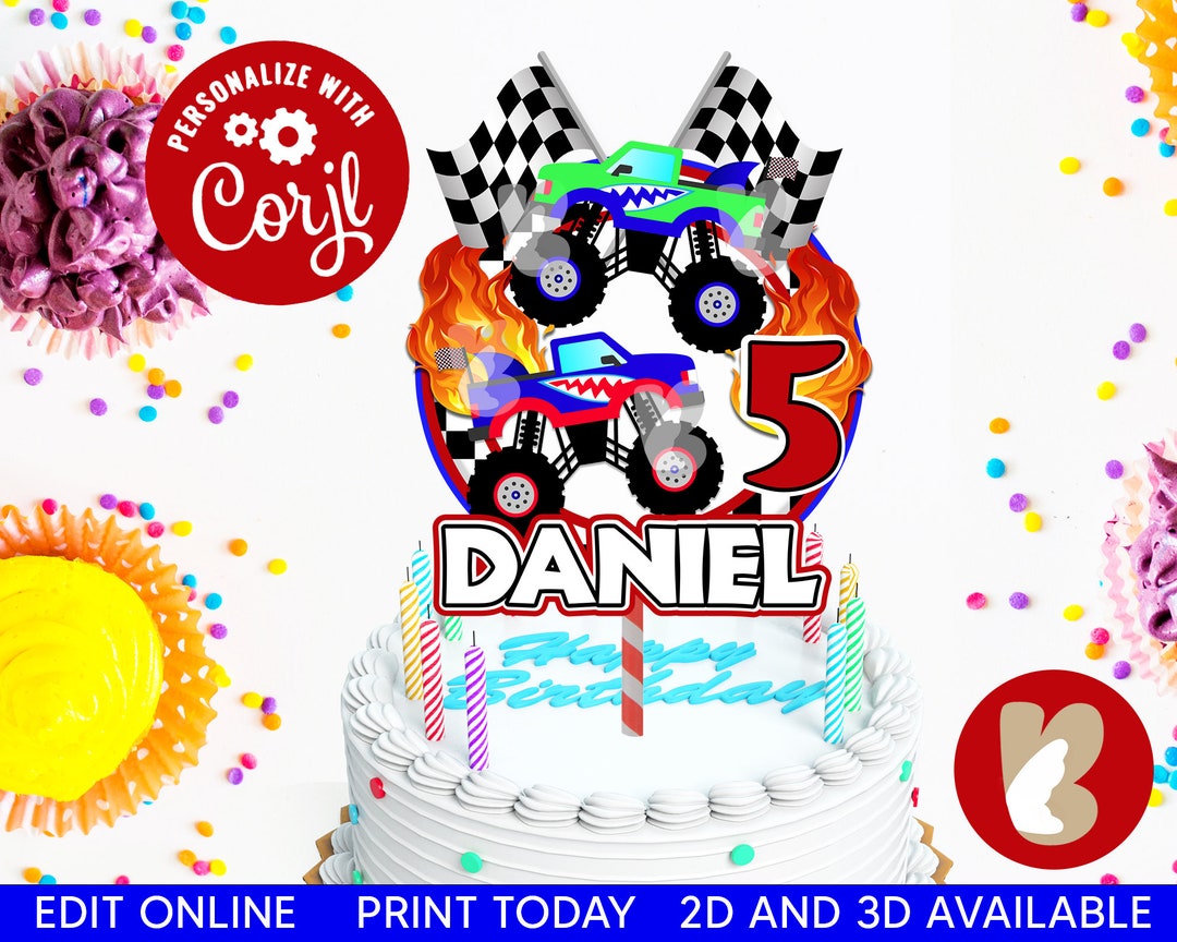 EDITABLE Printable Monster Truck Cake Topper, Monster Truck Birthday ...