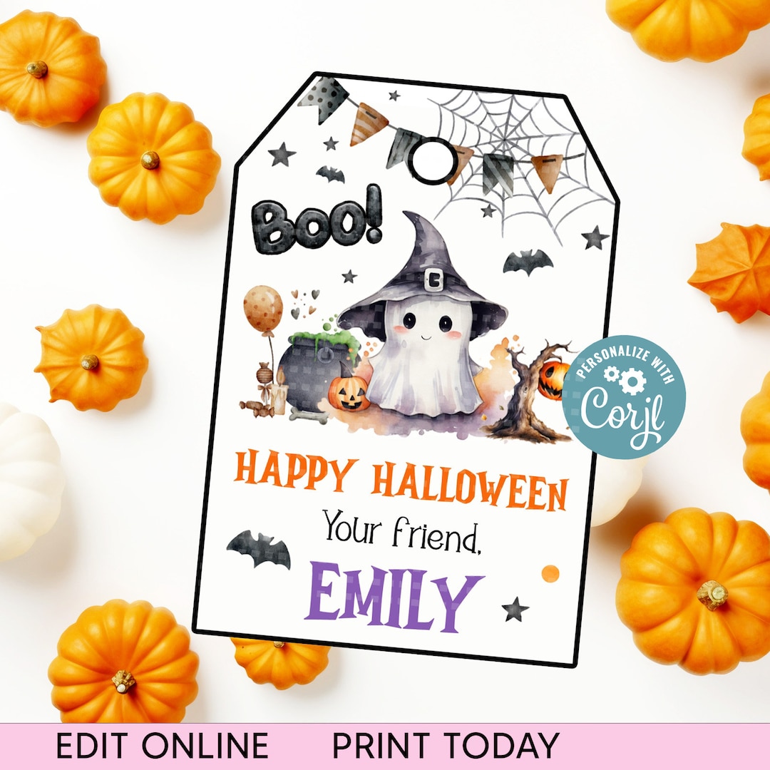 Editable Halloween Cute Thank You Tags, Halloween Watercolor Ghost ...
