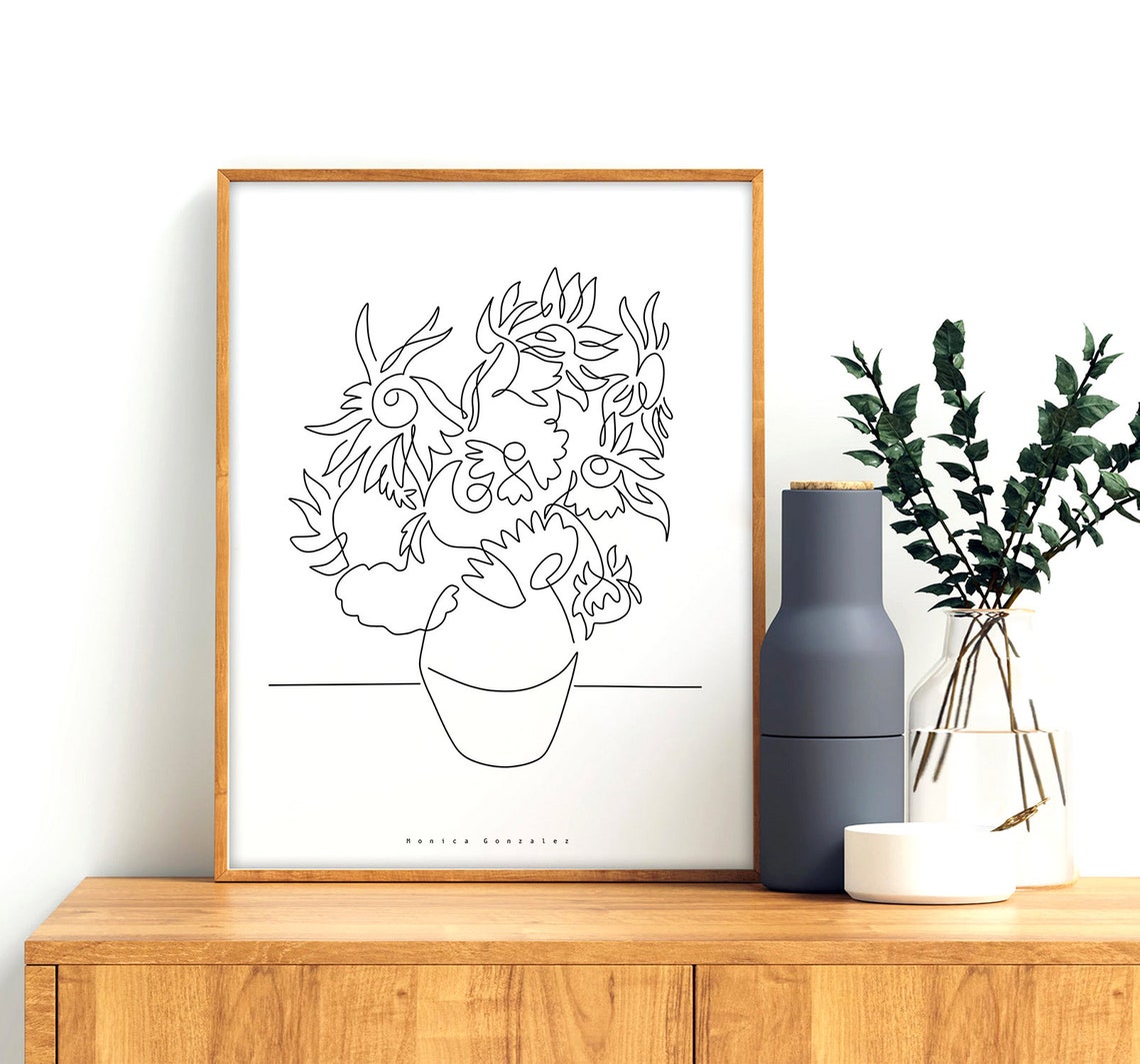 LINE ART PRINTABLE, Van Gogh Sunflowers Print, Minimalist Line Art, Van ...
