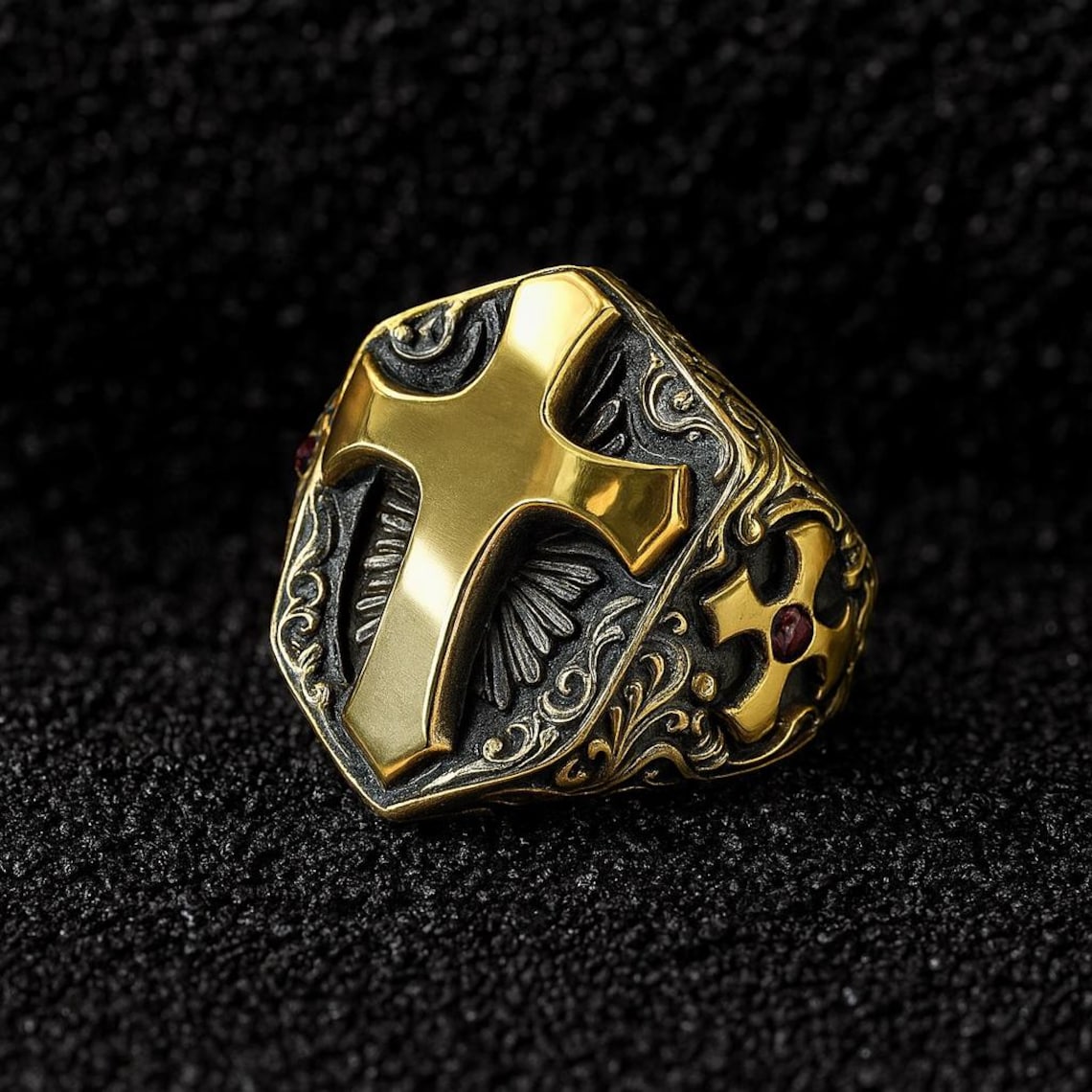 Gold Cross Ring for Men – Gothic Medieval Style Ring, Vintage Christian ...