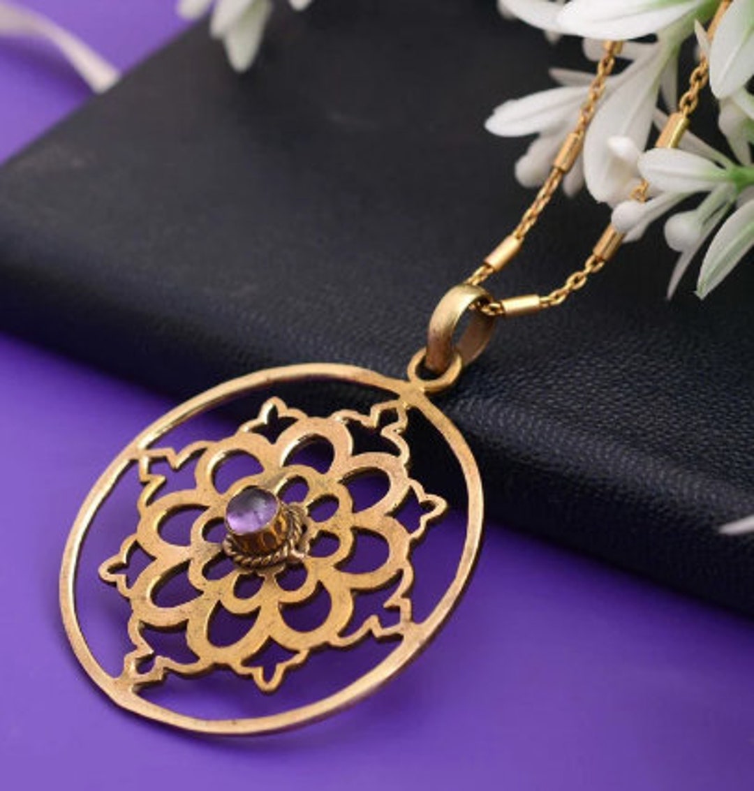 Mandala Necklace, Mandala Charm Necklace, Mandala Flower Necklace, Labradorite Pendant, Yoga ...